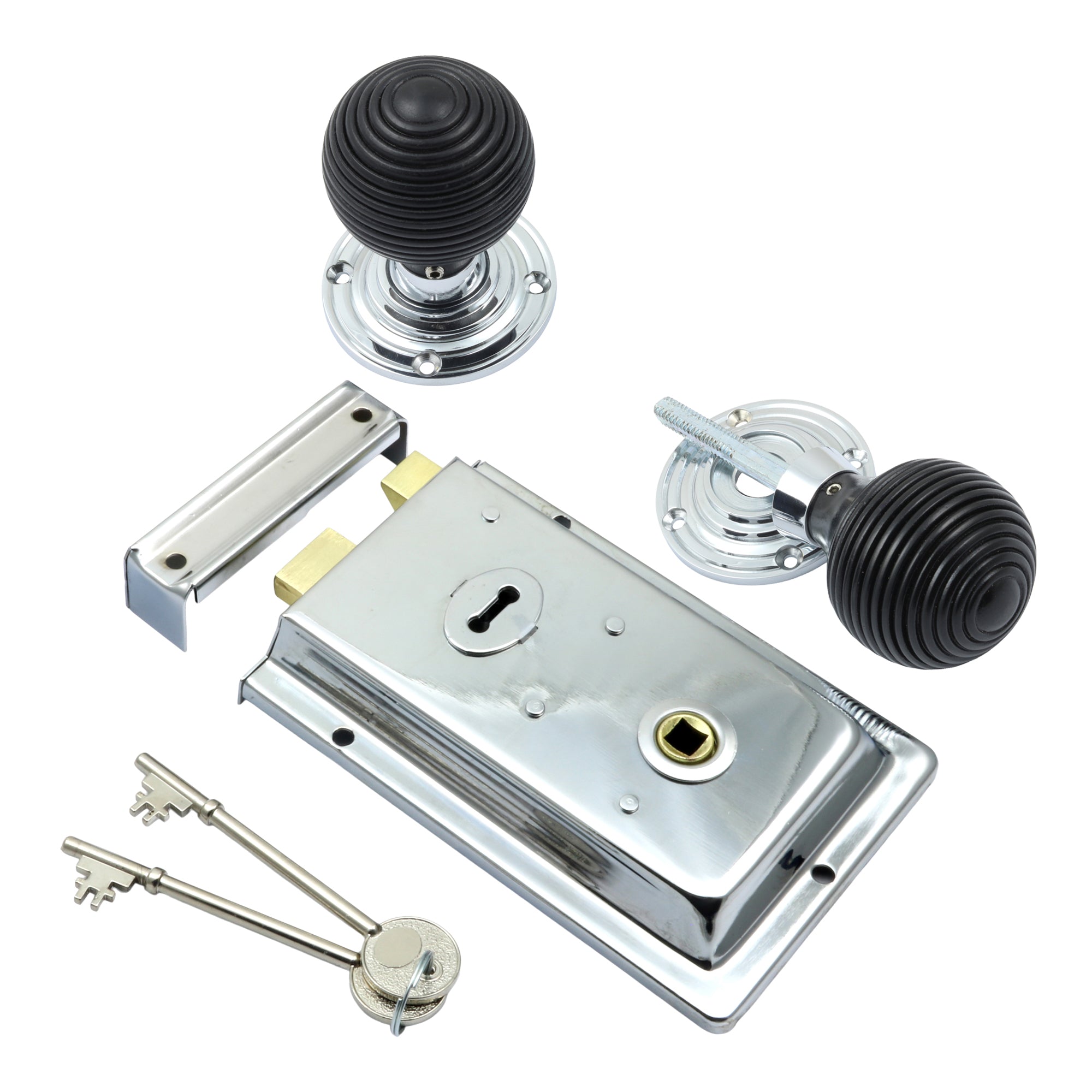 Traditional Rim Lock with Ebony Reeded Rim Knob– FulhamBrassOnline