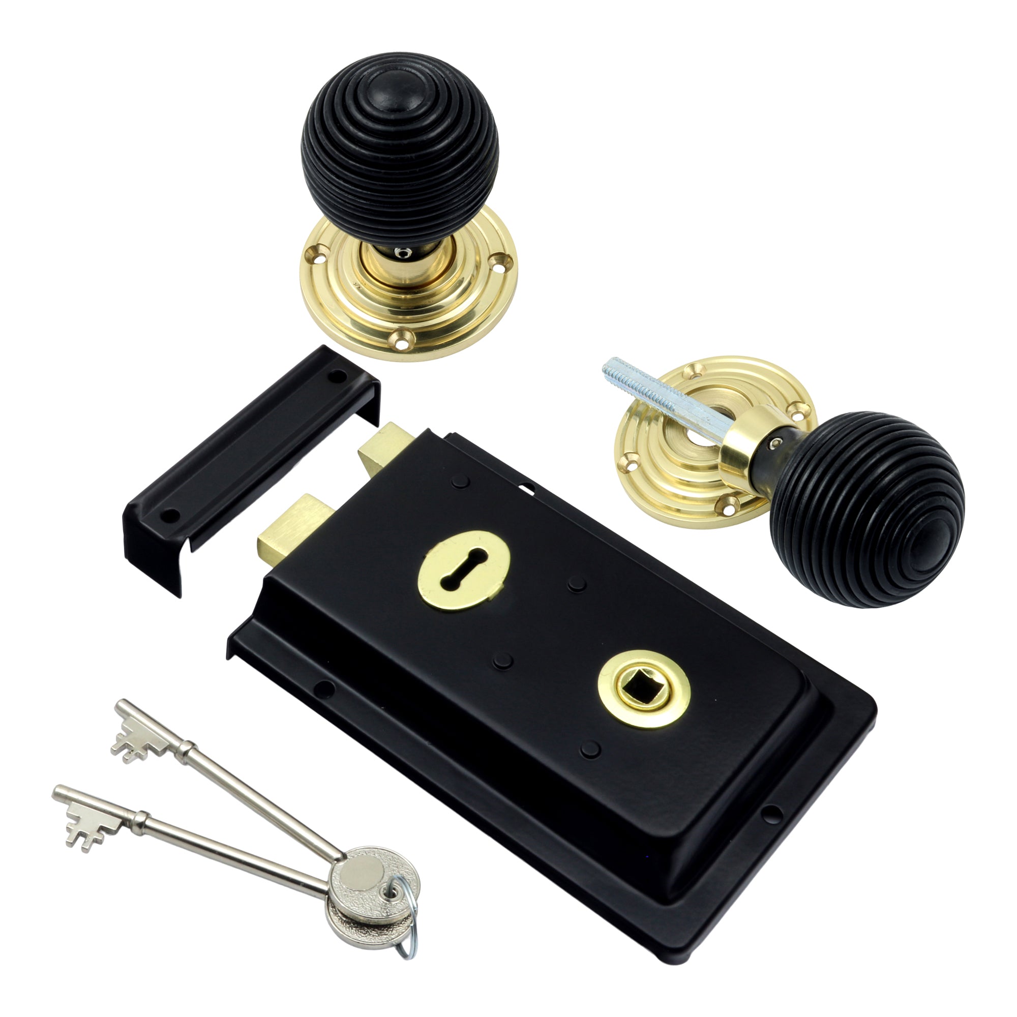 Traditional Rim Lock with Ebony Reeded Rim Knob– FulhamBrassOnline