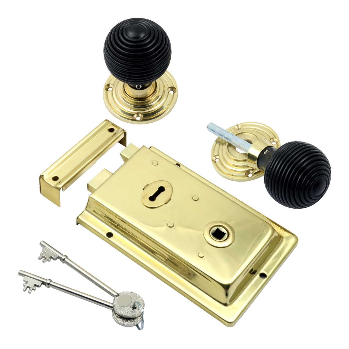 Traditional Rim Lock with Ebony Reeded Rim Knob– FulhamBrassOnline