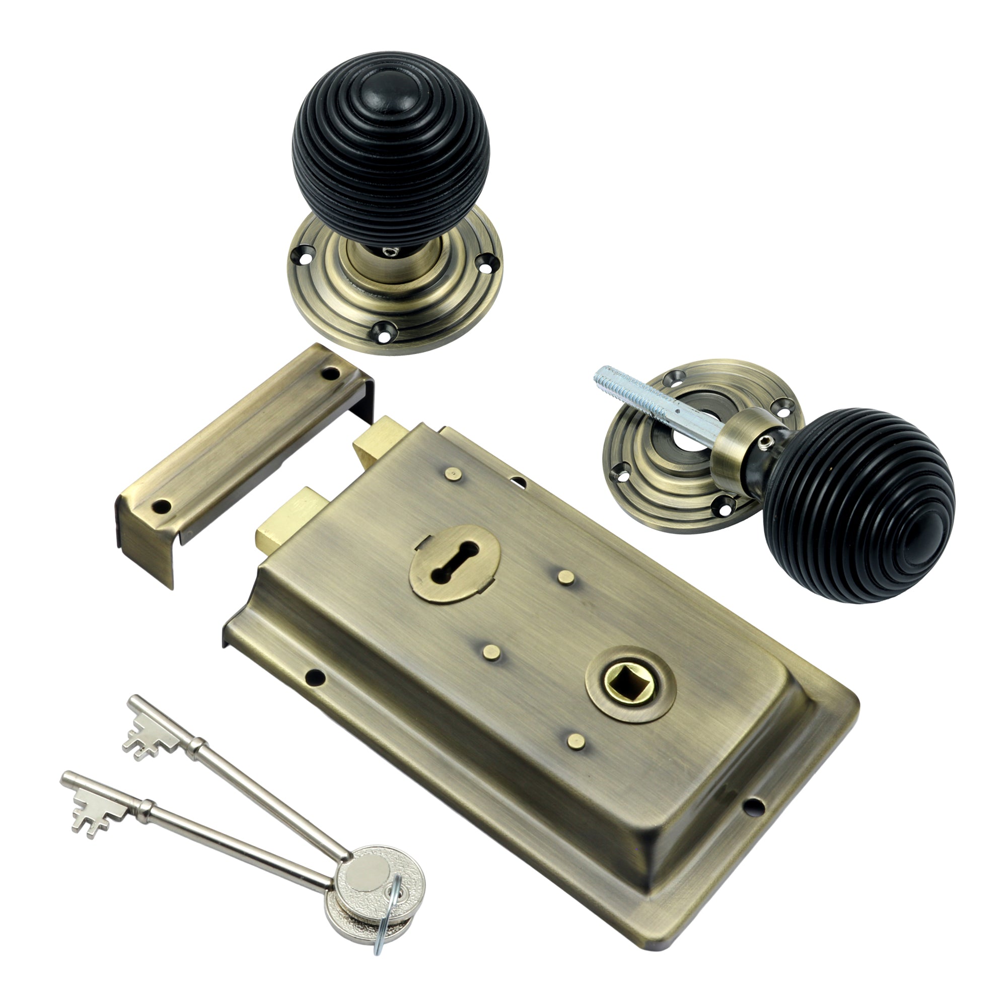Traditional Rim Lock with Ebony Reeded Rim Knob– FulhamBrassOnline